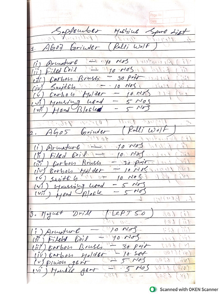 (Saptember) Required Machine Spares | PDF