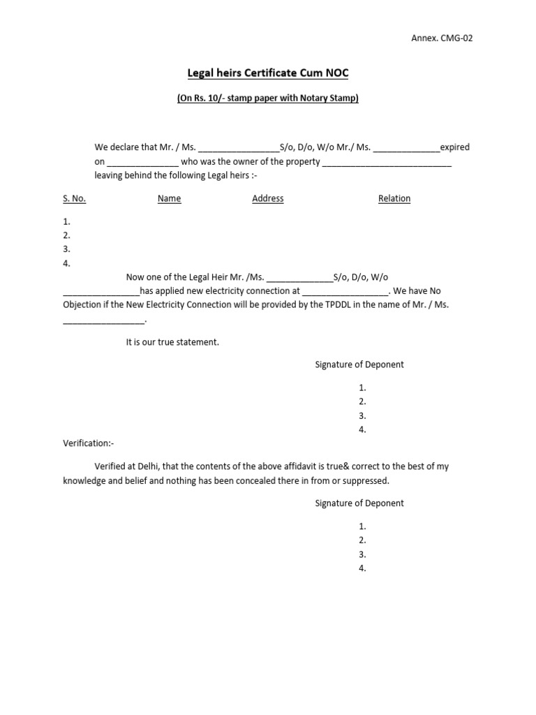 Legal Heir Certificate Cum NOC Template | PDF