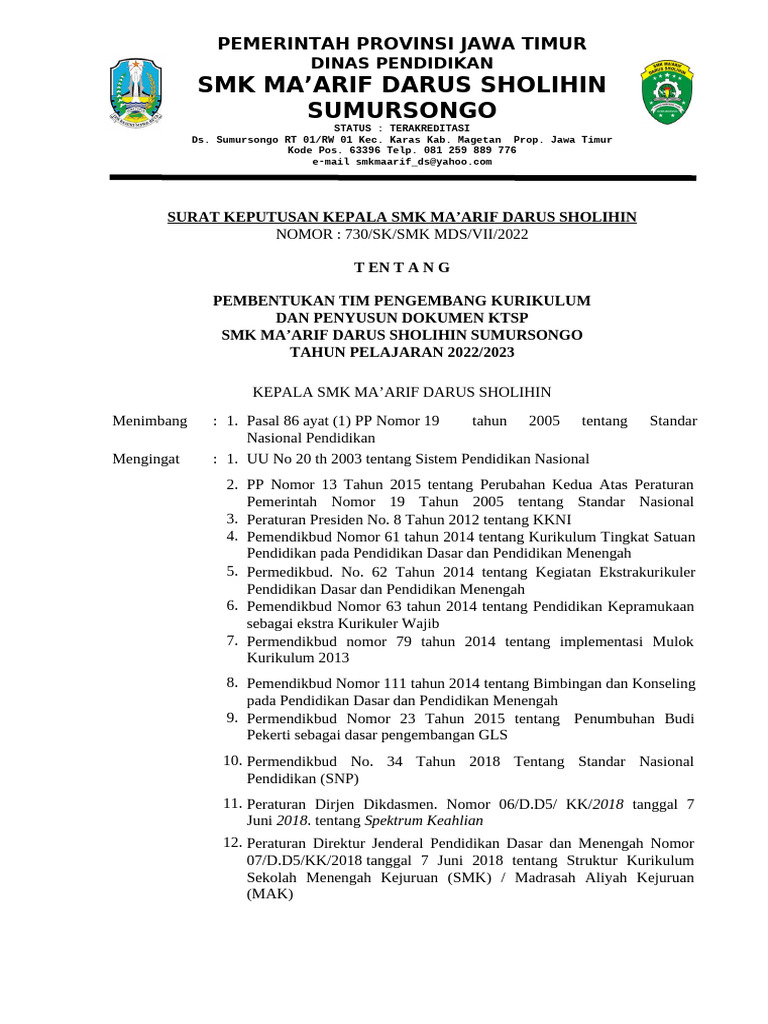 SK Tim Pengembang Dan Penyusun KTSP 2022-2023 | PDF