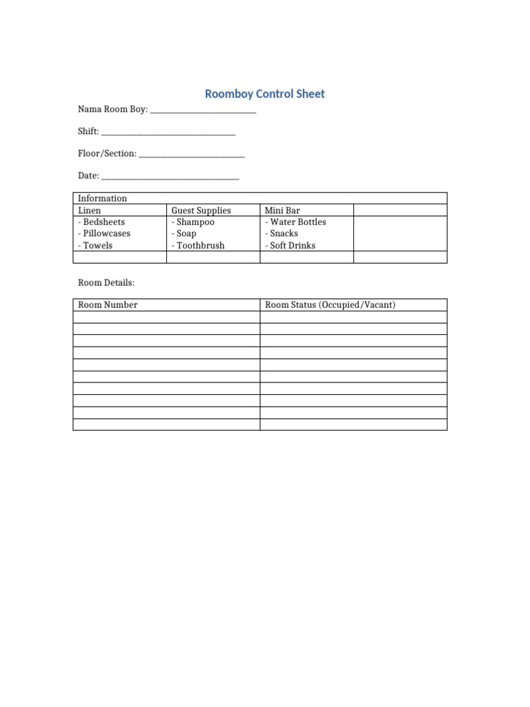 Roomboy Control Sheet Template | PDF