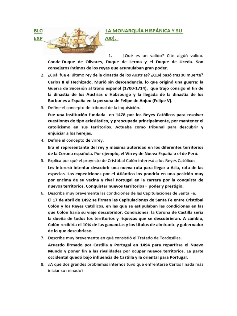 Soluciones Preguntas Cortas Tema 3 2º Bach | PDF | Imperio español | España