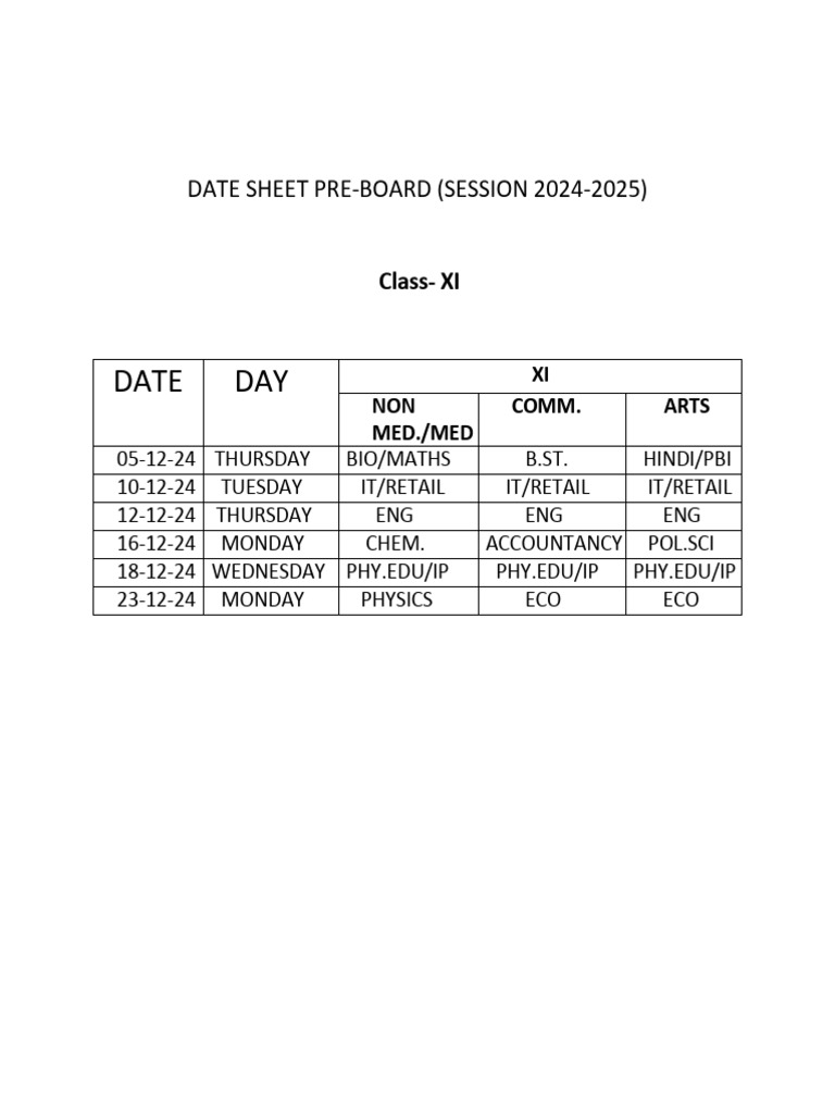 Pre-board Date Sheet (Session 2024-25) (1) | PDF