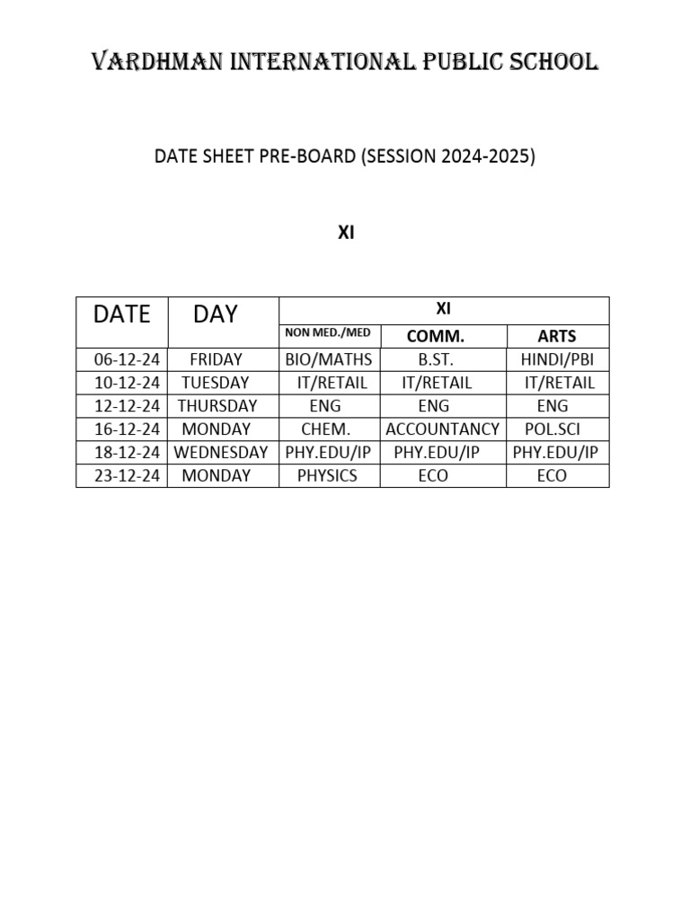 Pre-board Date Sheet (Session 2024-25) | PDF