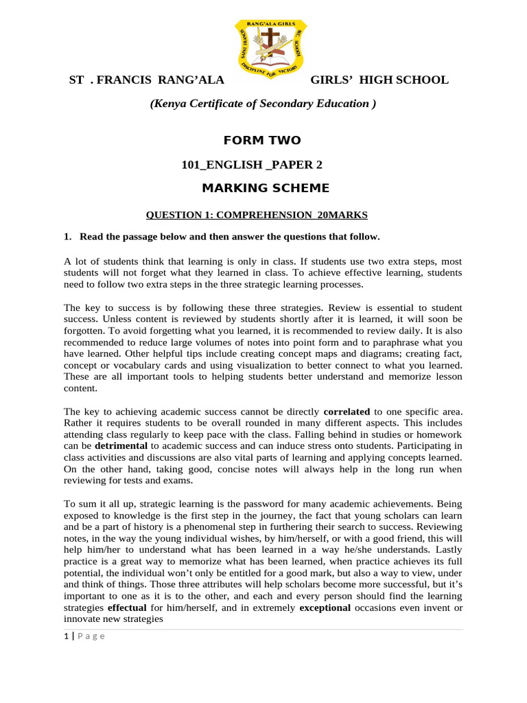FORM 2 END SCHEME | PDF | Reading Comprehension