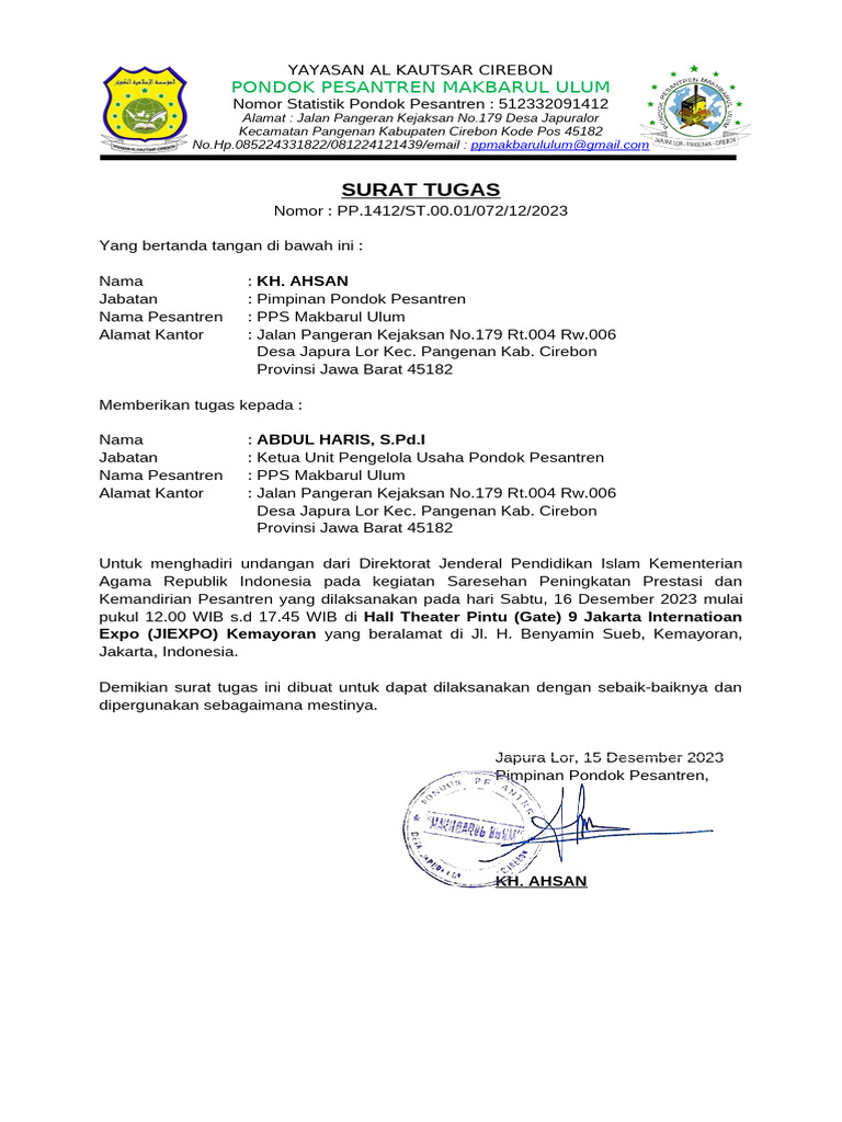 Surat Tugas Saresehan Pondok Pesantren | PDF