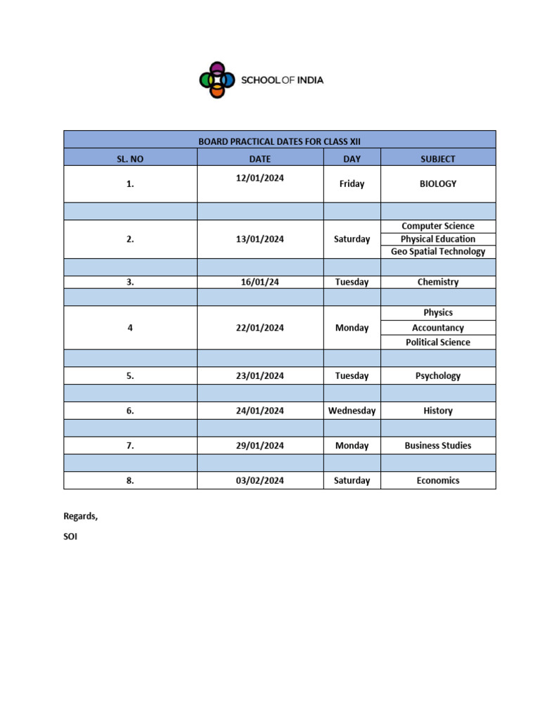 Class XII Board Practical Dates 2024 | PDF