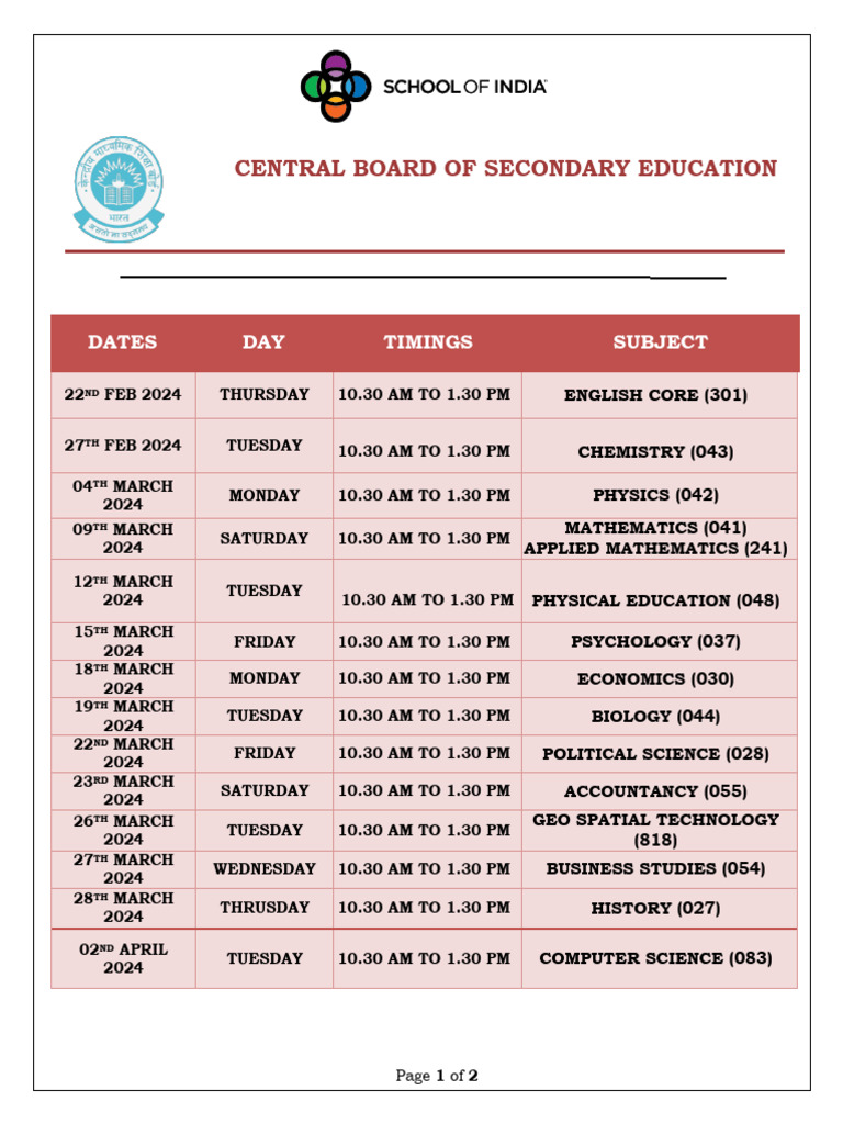 Cbse Board Timetable - STD Xii | PDF