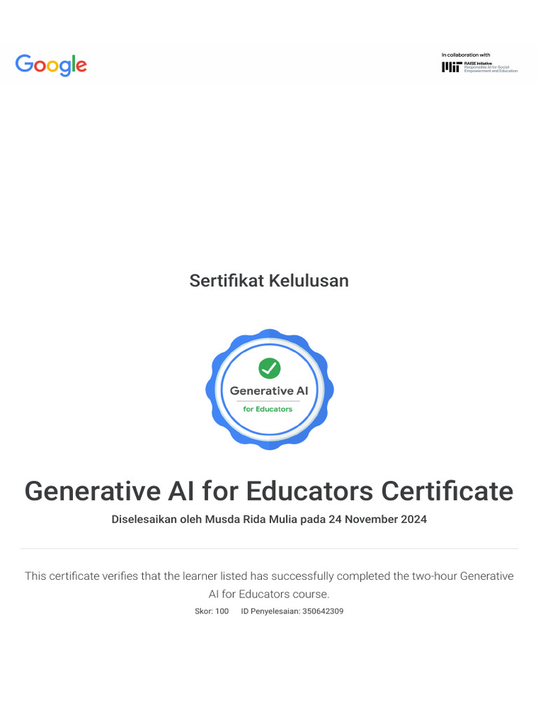 Generative AI For Educators Certificate - Google | PDF
