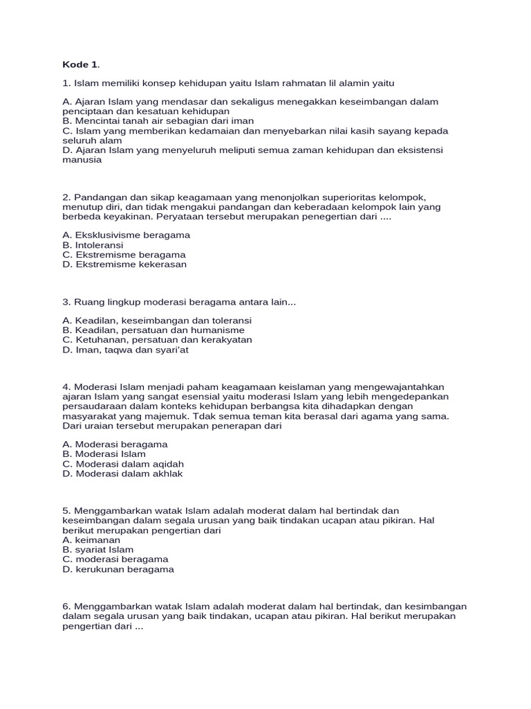 Soal Moderasi Beragama | PDF