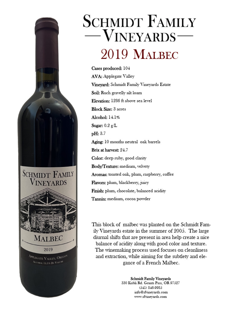 2019 Schmidt Family Malbec Overview | PDF