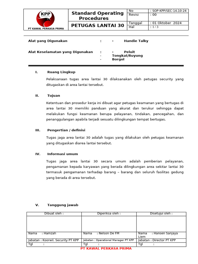 Sop-Petugas Lantai 30-Kpp-Sec-01.6-19 Petugas Menara 2 BTN | PDF