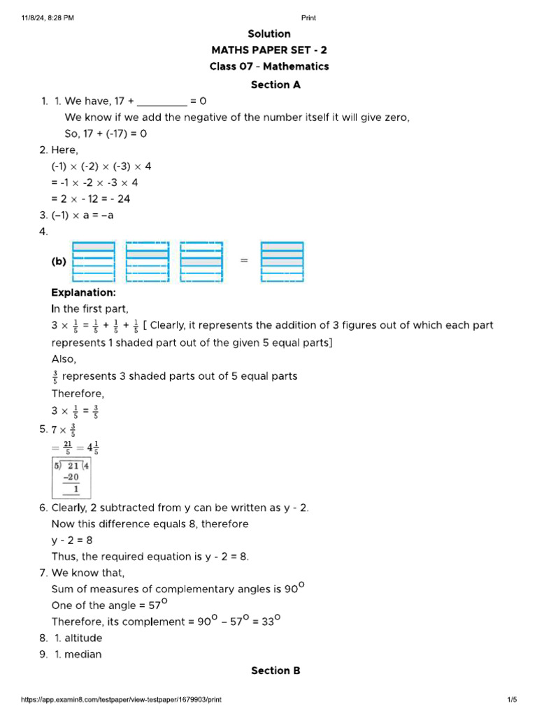 Maths Paper CLASS 7 (Set-2) Solution | PDF