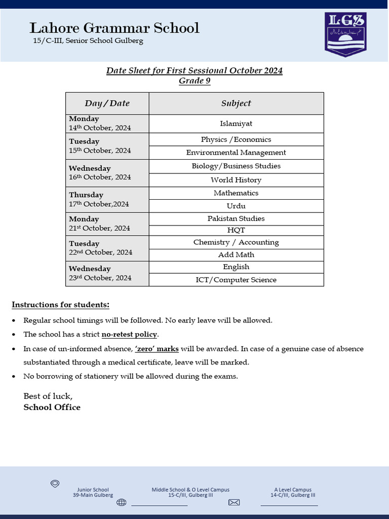 Date Sheet For First Sessional October 2024 (Grade 9 | PDF