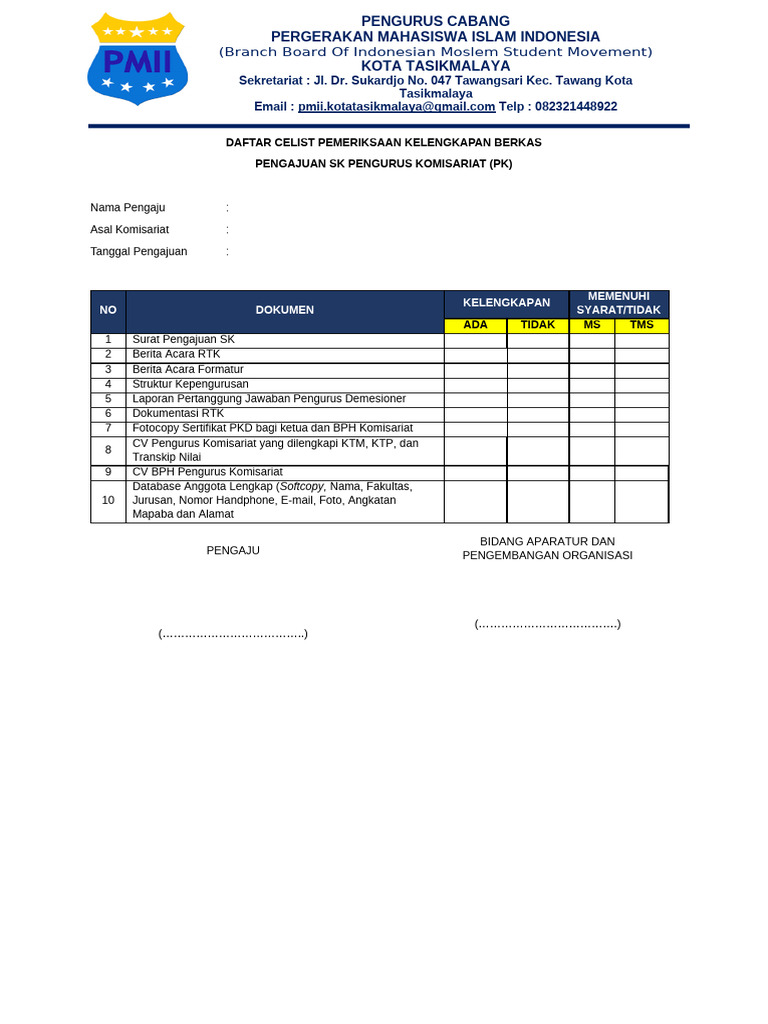 Daftar Kelengkapan Berkas SK PK PMII Tasikmalaya | PDF