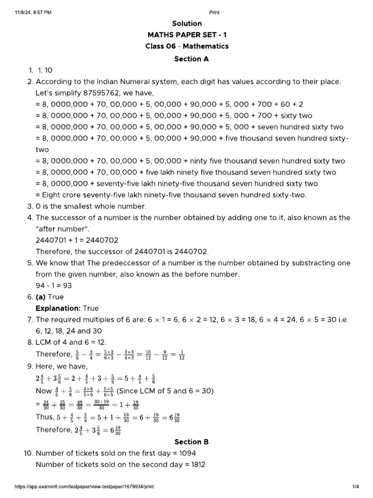 Maths Paper Class 6 (Set 1) Solutions | PDF