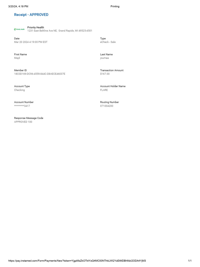 Payment Receipt for Priority Health | PDF