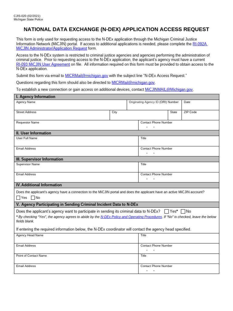 CJIS-020 NDEX Access Request | PDF | Computing | Cyberspace