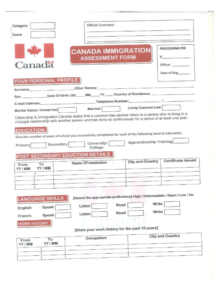 Canada Immigration Assessment Form-1 | PDF