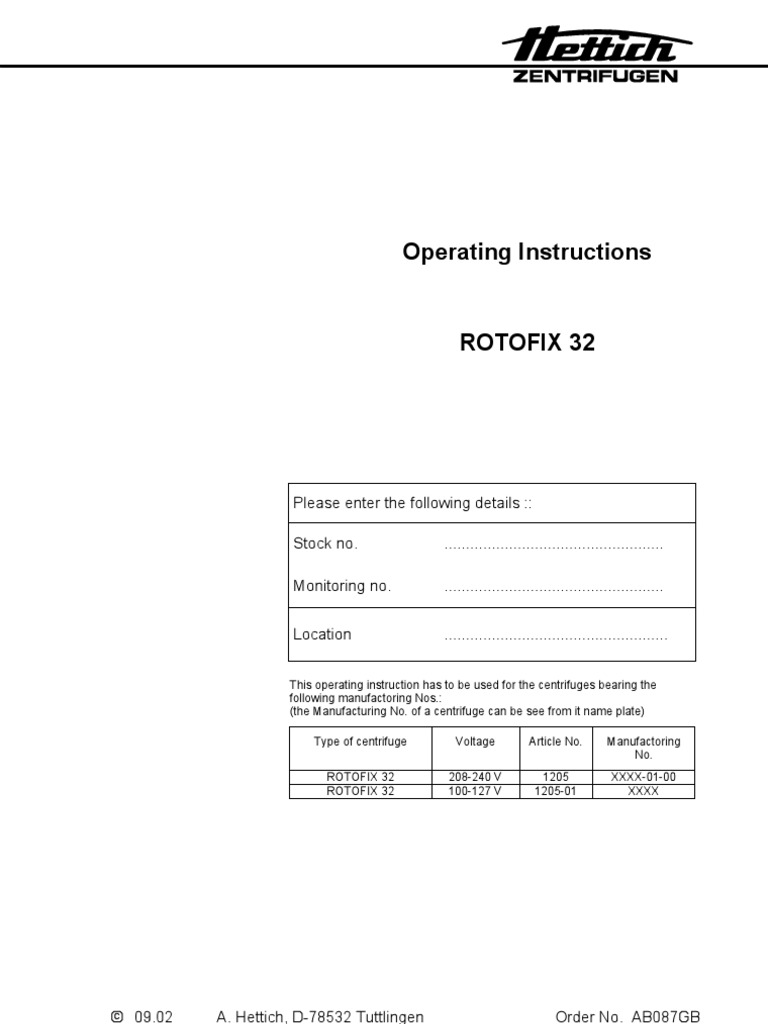 Hettich Rotofix 32 - User Manual | PDF | Centrifuge | Mains Electricity