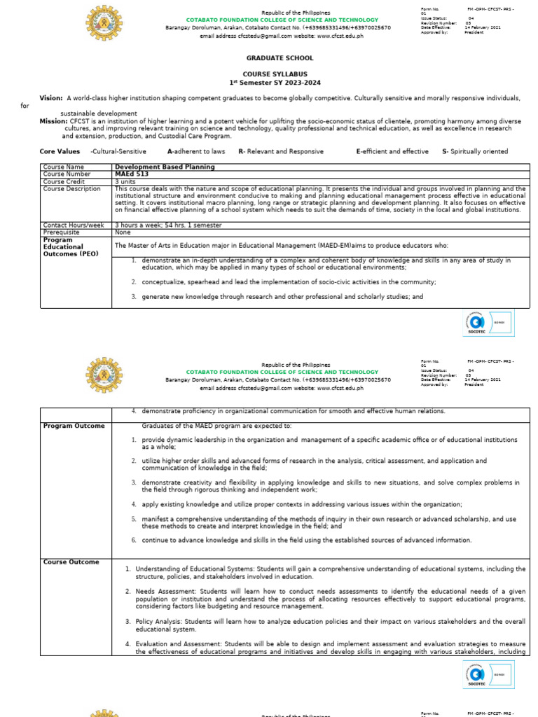 Syllabus in Development Based Planning MAed 513 | PDF | Needs Assessment | Knowledge