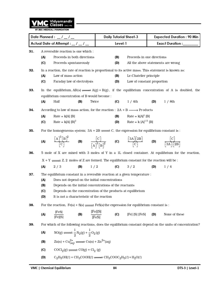 Chemical Equilibrium Tutorial Sheet | PDF | Chemical Equilibrium ...