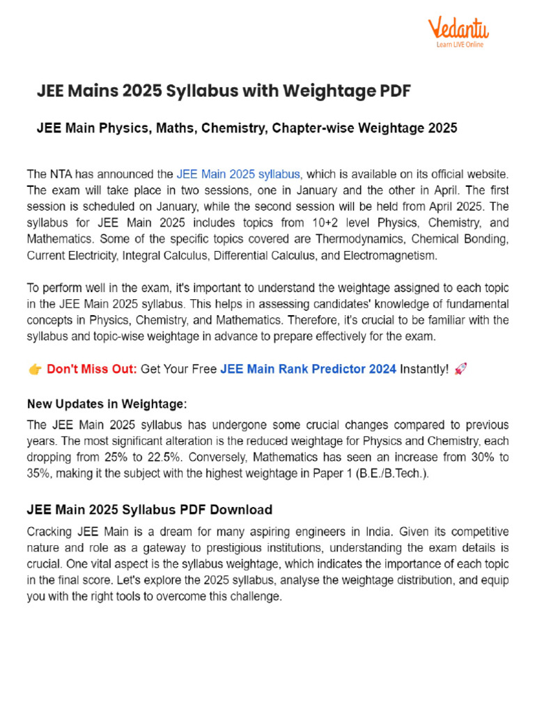 JEE Mains 2025 Syllabus with Weightage PDF | PDF