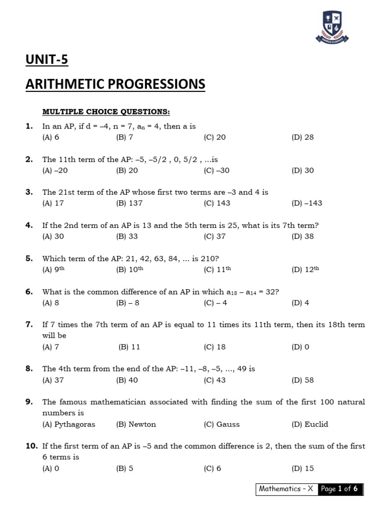Ch.5 (Arithmetic Progression) - Class - X, Math (STD.) | PDF | Ratio | Number Theory