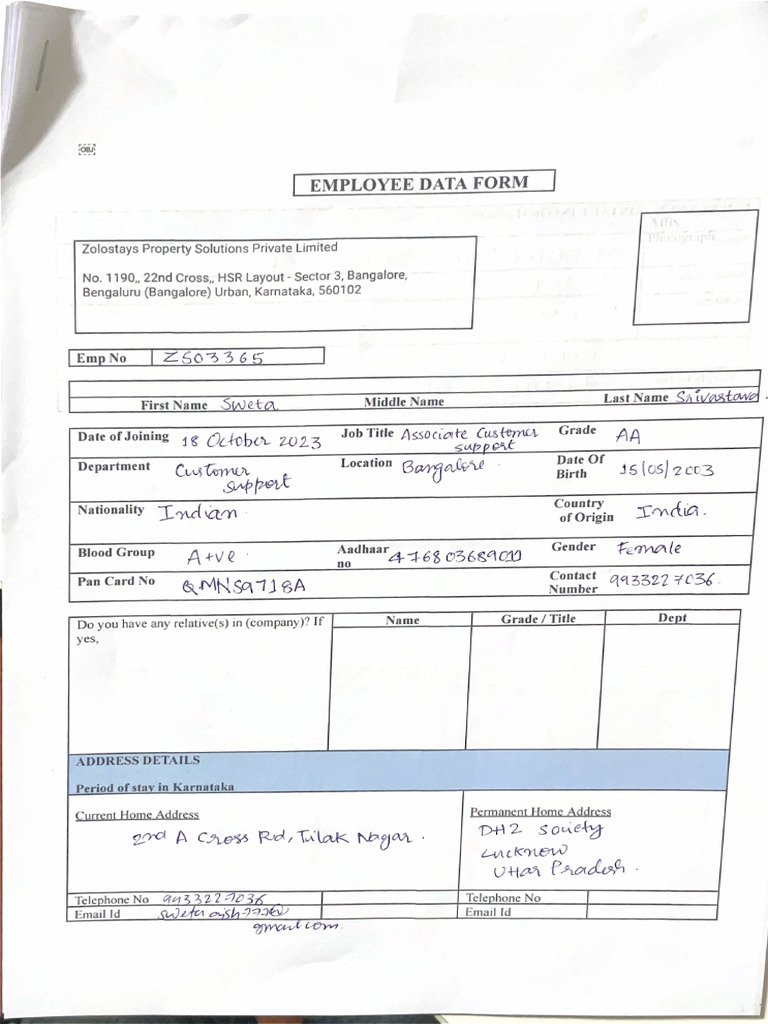 Employee Data Form | PDF