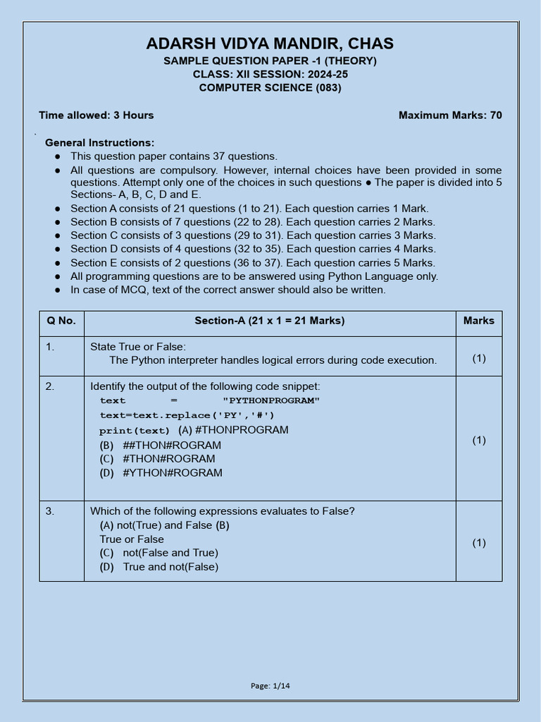 Sample Papers_XII_ComputerScience(083)_2024_25 | PDF | Computer Network | Parameter (Computer ...