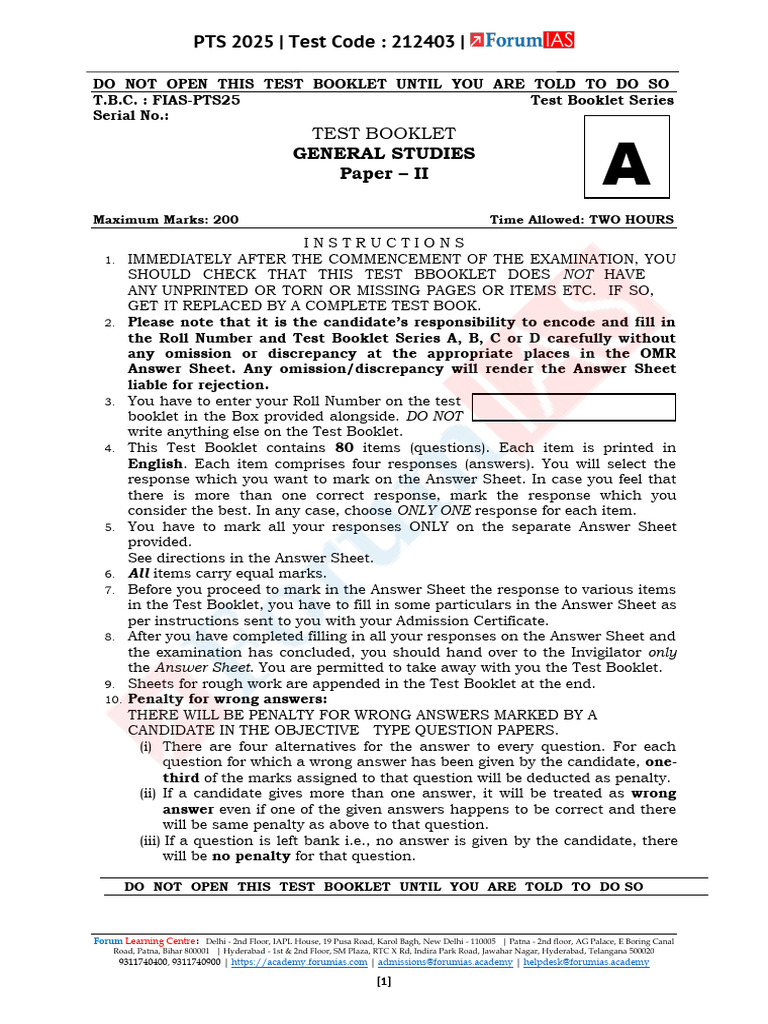 PTS 2025 - Test Code: 212403 - : General Studies Paper II | PDF ...