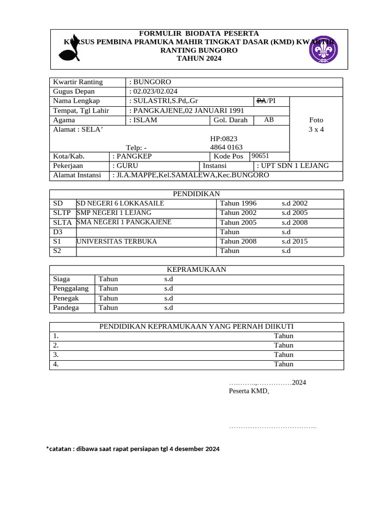 Formulir Biodata Peserta Kmd Kwarran Bungoro | PDF