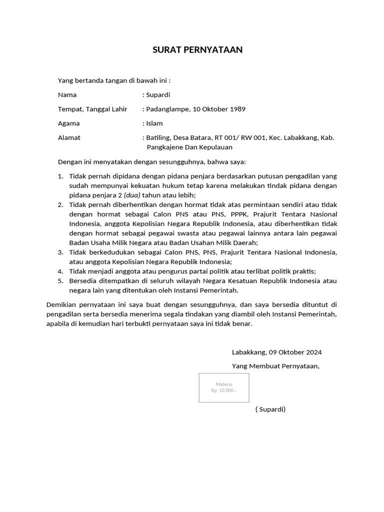 Format Surat Penyataan 5 Poin PPPK 2024 | PDF