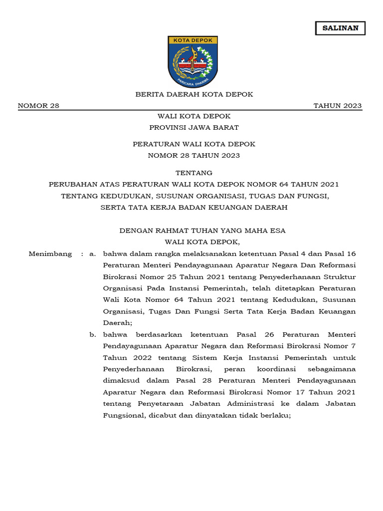 Perubahan Atas Perwal Kota Depok No 64 Tahun 2021 Tentang Kedudukan ...
