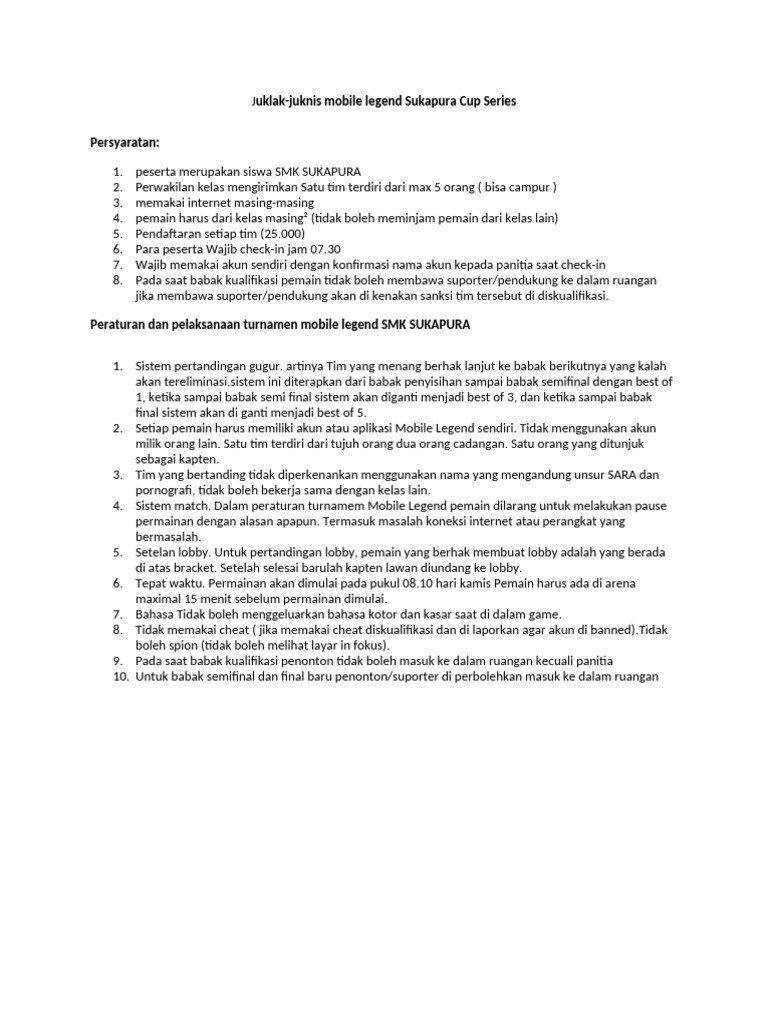 Juklak-Juknis E-Sport ML SMK Sukapura | PDF