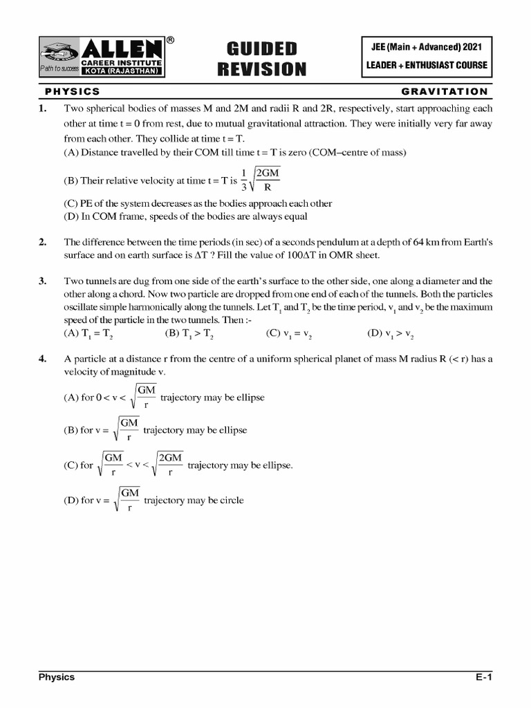 Guided Revision Sheet GRS - Gravitation | PDF