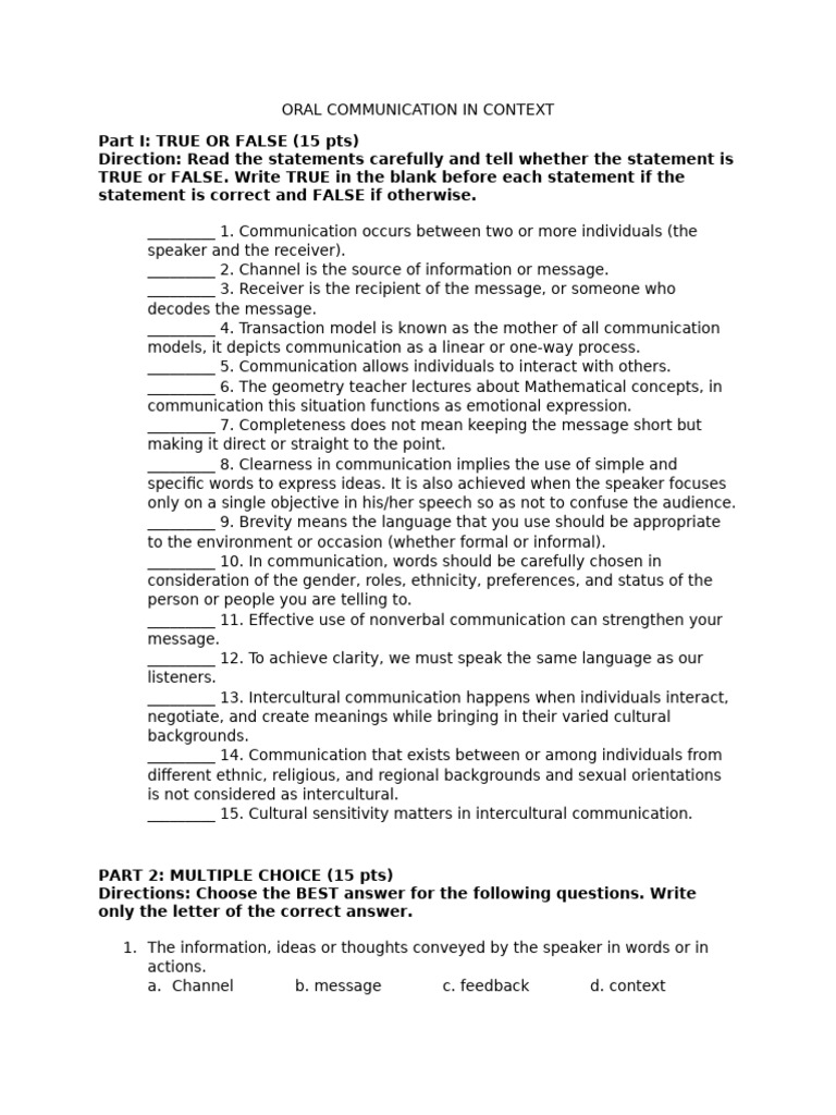 ORAL COMMUNICATION IN CONTEXT 1ST QUARTER EXAM | PDF | Communication | Emotions