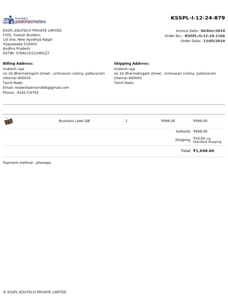 Invoice - KSSPL I 12 24 879 | PDF