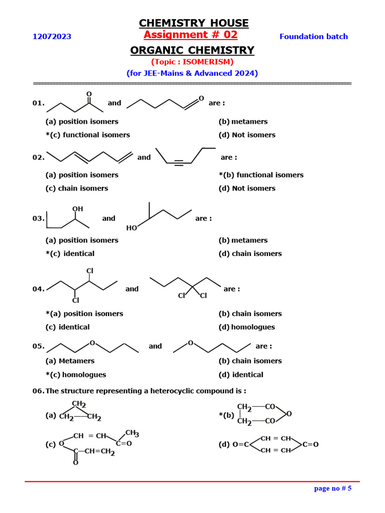 Answer Assignment 02 Basic and Isomerism | PDF | Isomer | Chemistry