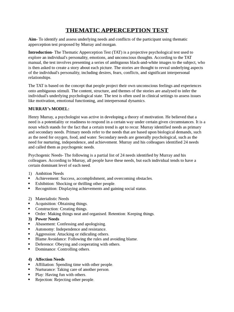 THEMATIC APPERCEPTION TEST | PDF | Psychological Concepts | Psychology