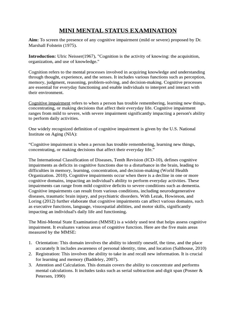 MINI MENTAL STATUS EXAMINATION | PDF | Cognition | Recall (Memory)
