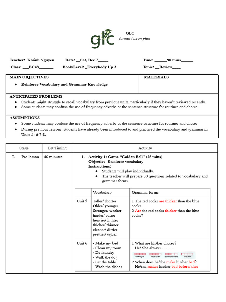 GLC - EU3 - Lesson Plan - Review | PDF | Linguistics