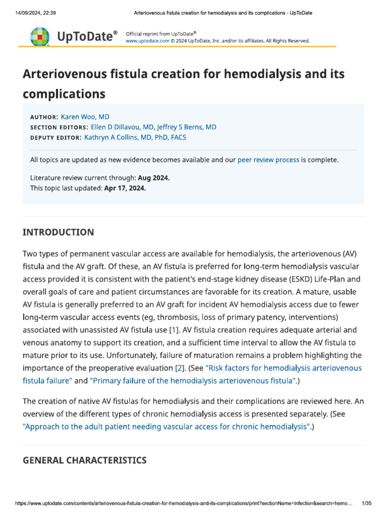 Arteriovenous Fistula Creation For Hemodialysis and Its Complications | PDF