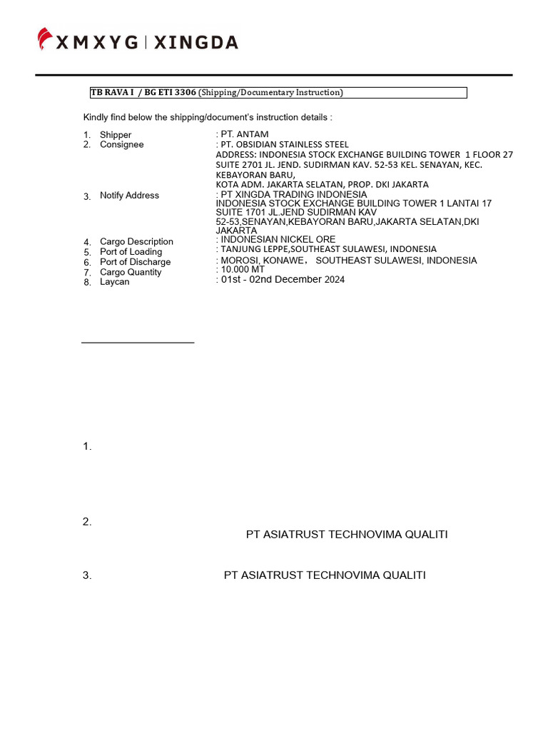 Shipping Instructions for PT Xingda Trading | PDF