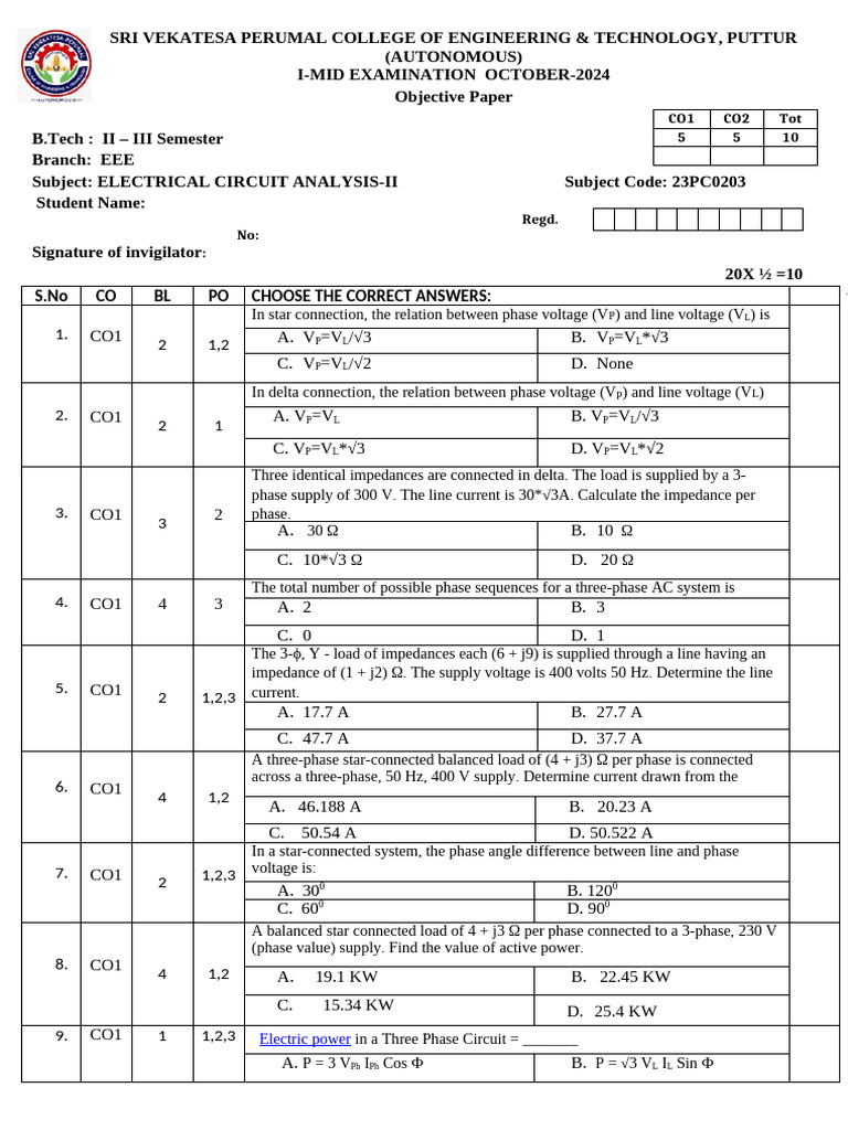 Electrical Circuit Analysis-II MID-1 Q.P | PDF | Inductor | Electronic ...