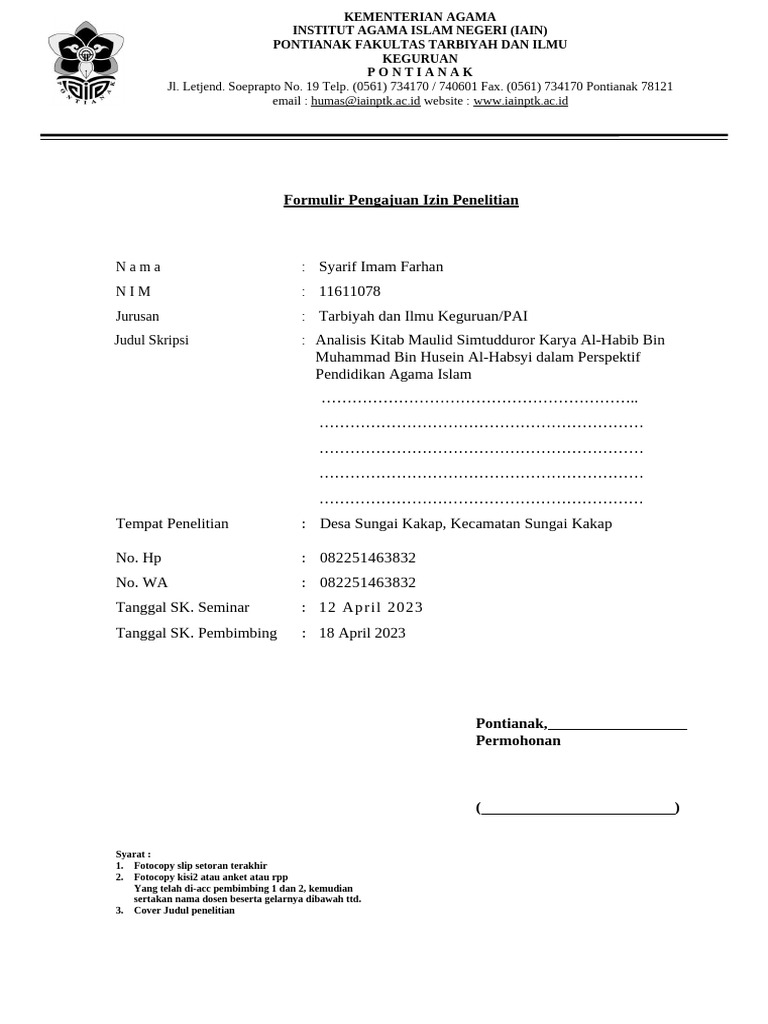 BLANKO-PERMOHONAN-PEMBUATAN-IZIN-PENELITIAN - (Sy Imam Farhan) | PDF