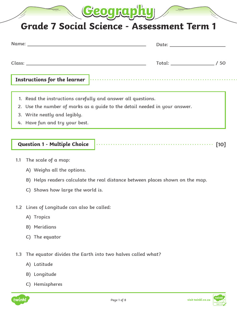 Grade 7 Geography Term 1 Assessment | PDF | Compass | Equator