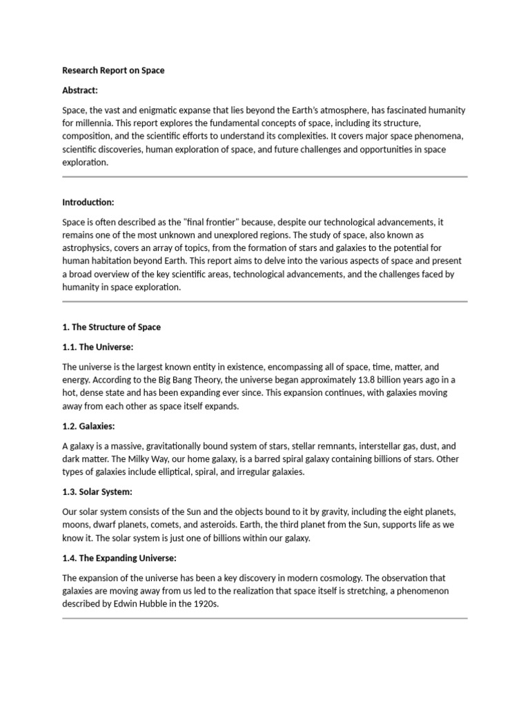 Research Report On Space | PDF | Outer Space | Space Exploration
