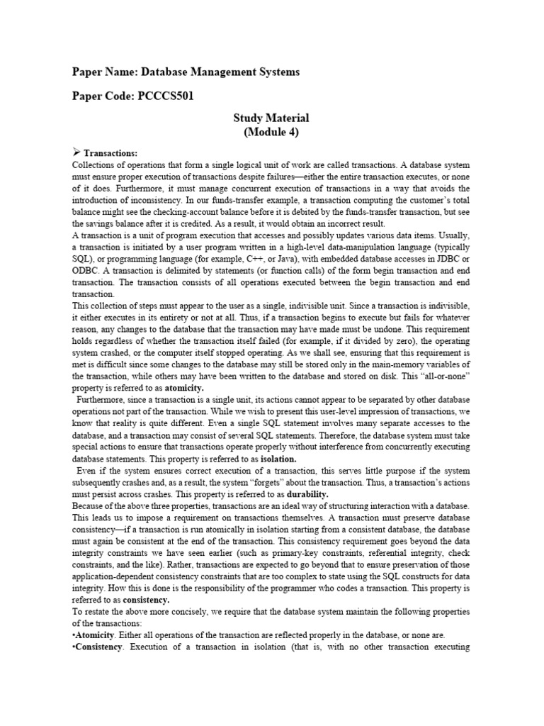 Study Materials of Module 4 DBMS | PDF | Database Transaction | Acid