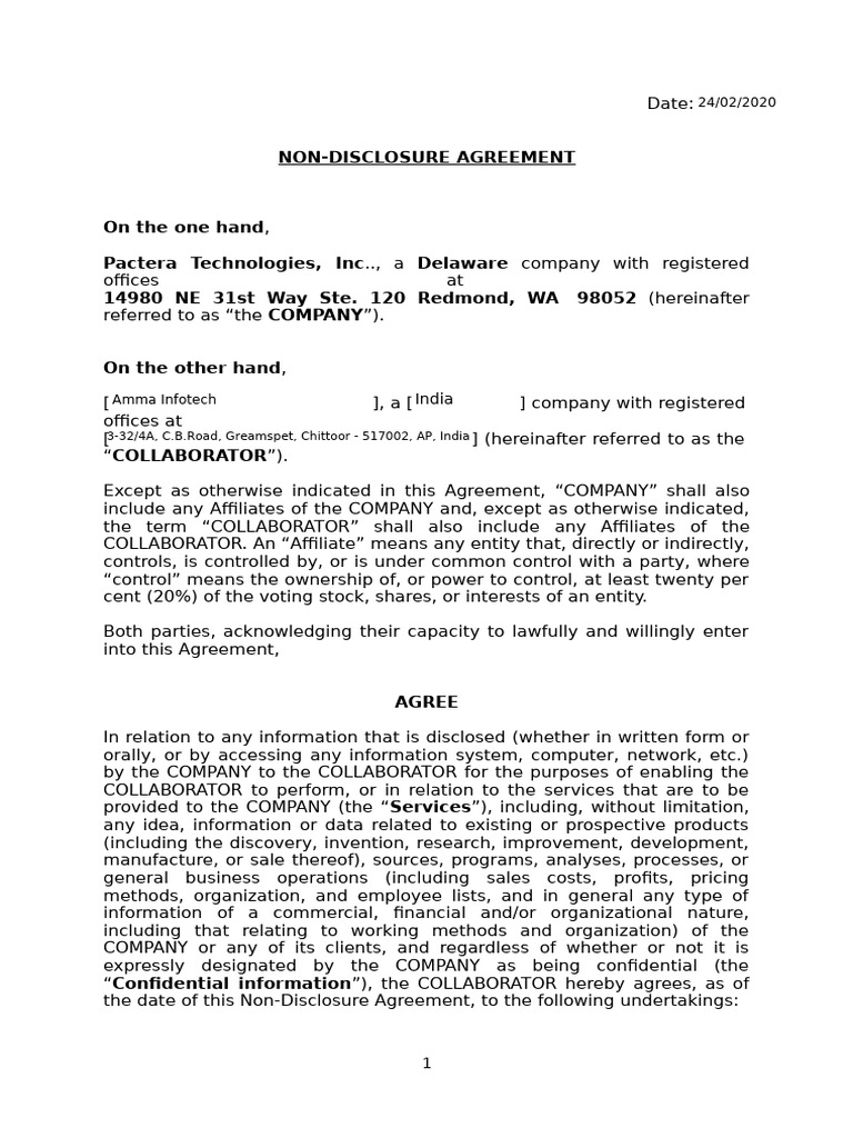 Pactera NDA Form Agency | PDF | Non Disclosure Agreement | Breach Of ...