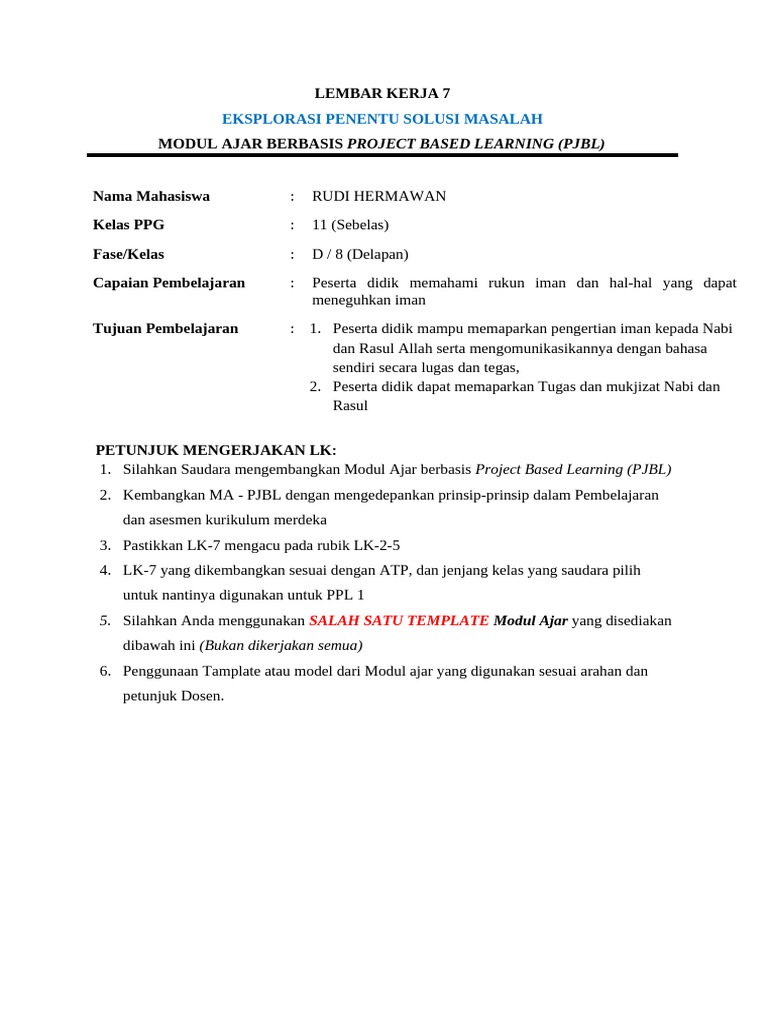 LK 7 - Penyusunan Modul Ajar PJBL [K2] | PDF